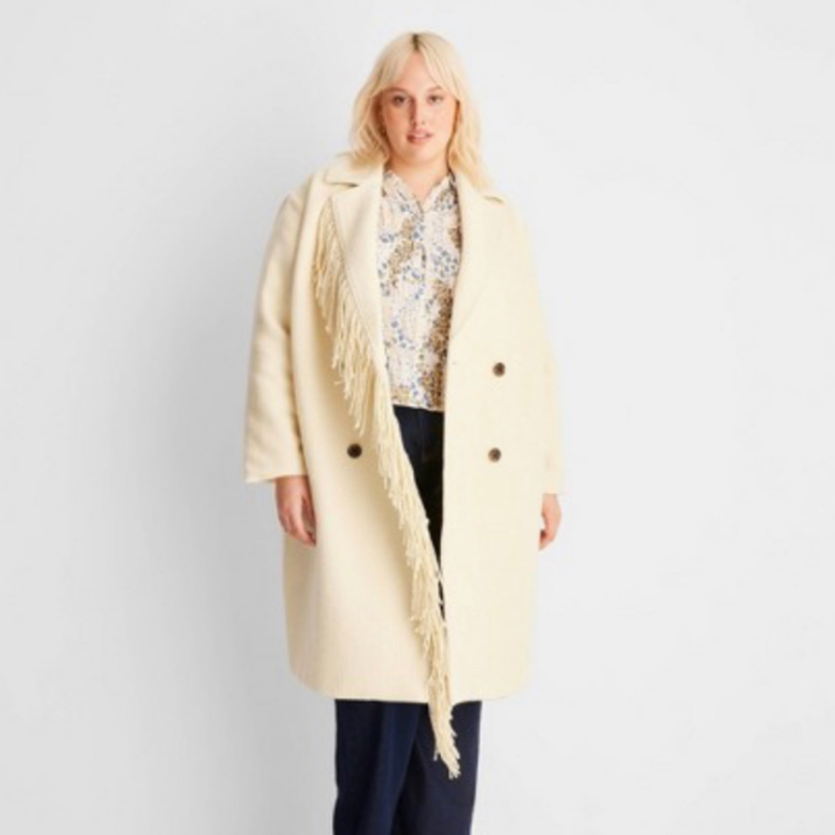 Women’s Notched Lapel Double Breasted Fringe Coat- Future Collective ...